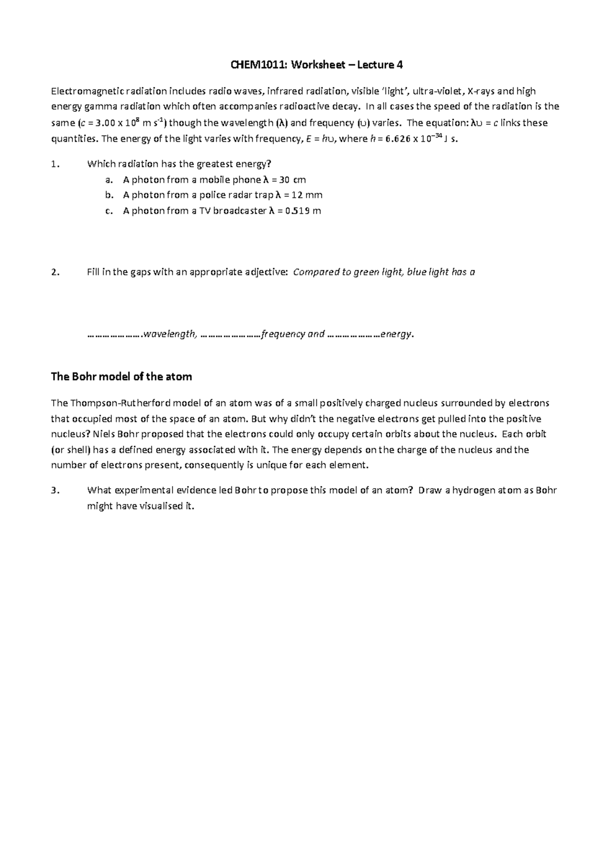Worksheet 04 - CHEM1011: Worksheet – Lecture 4 Electromagnetic ...