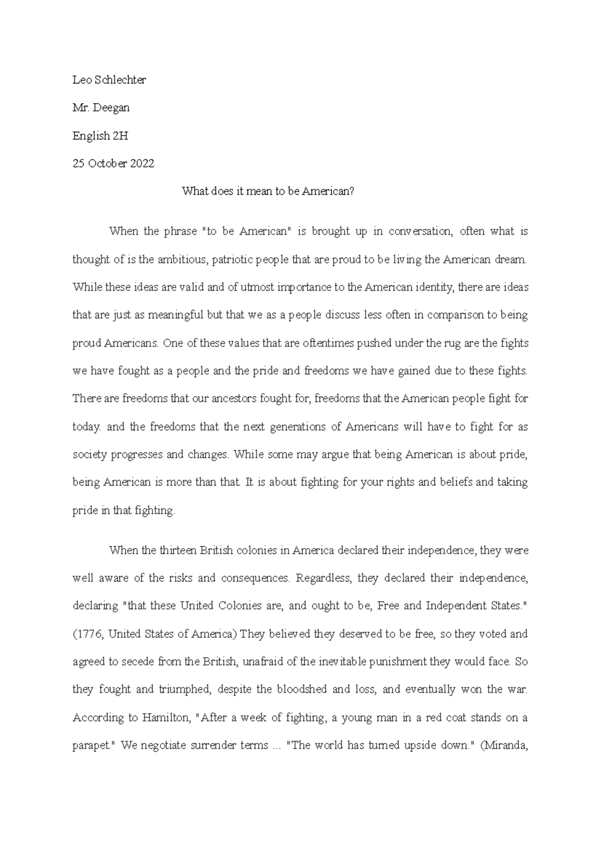 American Essay - Leo Schlechter Mr. Deegan English 2H 25 October 2022 ...