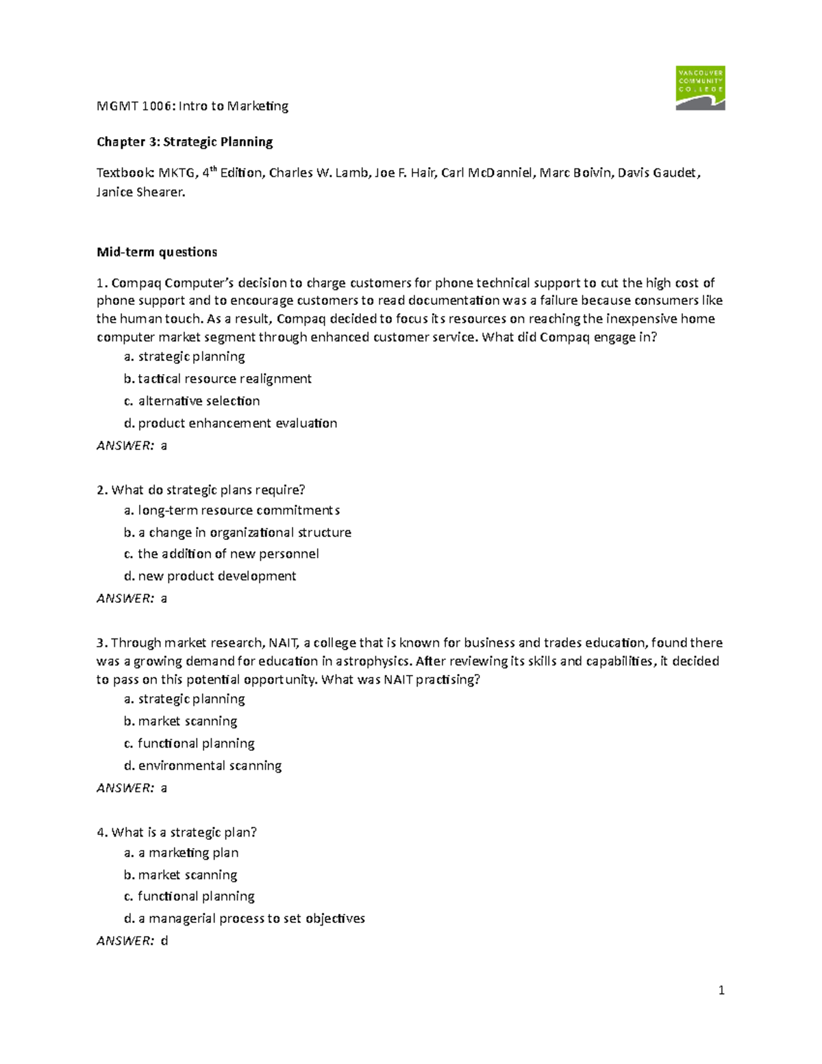 MAR CH3 Questions 1 CH3 Q1 Chapter 3 Strategic Planning Textbook 