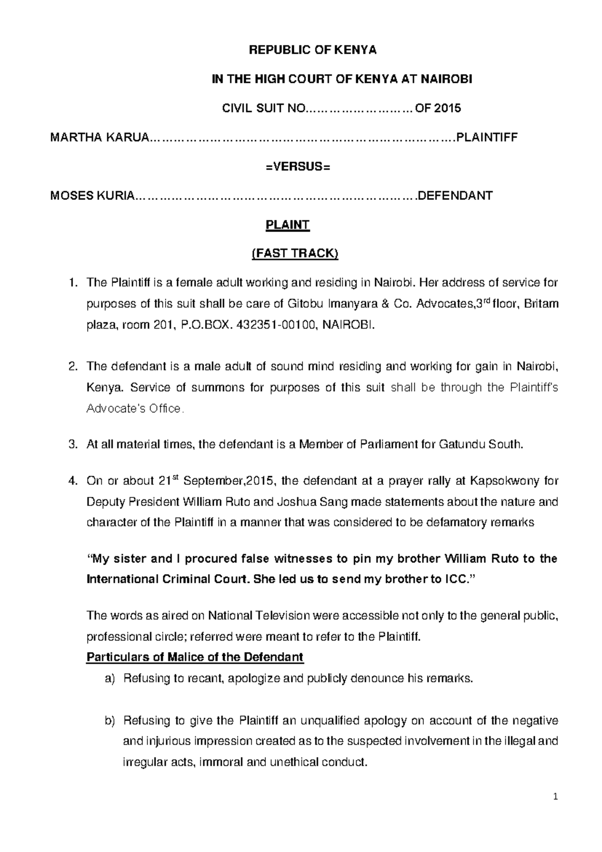 Plaint - 1 REPUBLIC OF KENYA IN THE HIGH COURT OF KENYA AT NAIROBI ...
