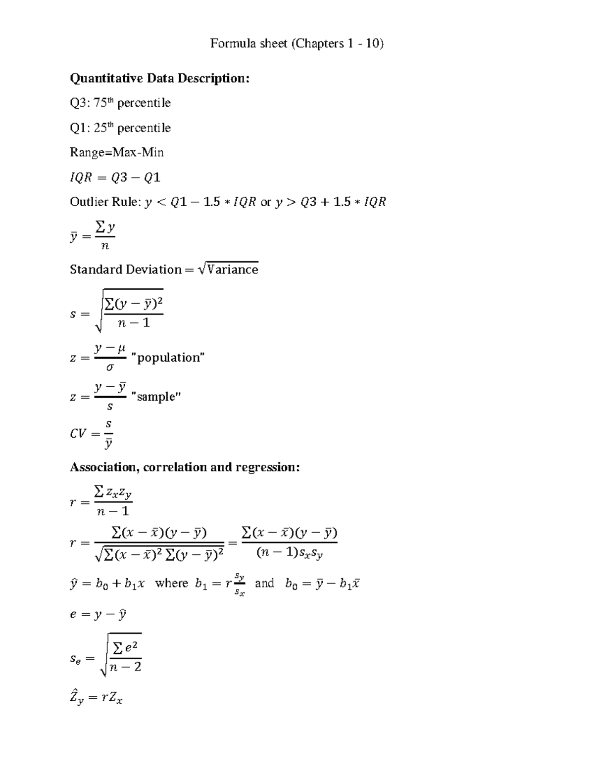 Formula Sheet Chapters 1 to 10 - Formula sheet (Chapters 1 - 10 ...