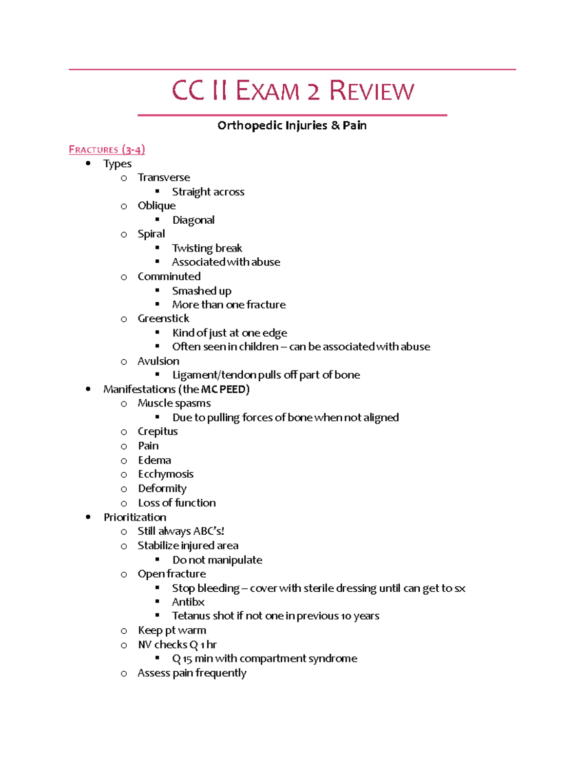 Complex 2 - med surg - CC II EXAM 2 REVIEW Orthopedic Injuries & Pain ...