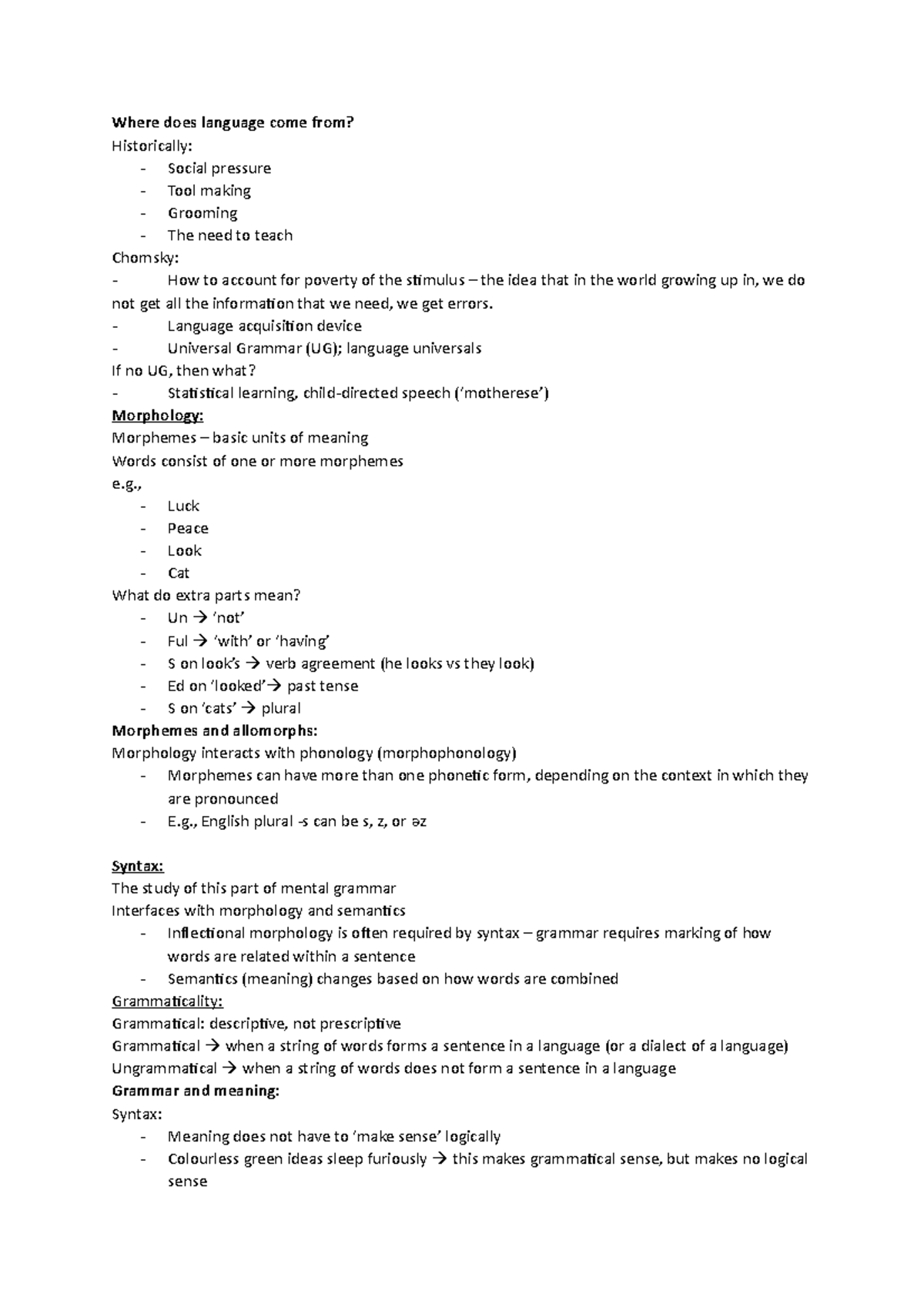 Behv3019 Lecture Notes For Week 1 Plus Tut Notes Combined Where Does Language Come From
