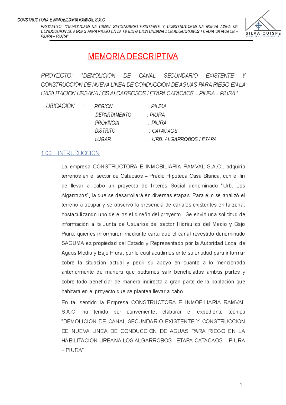 01. Memoria Descriptiva - MEMORIA DESCRIPTIVA PROYECTO: “DEMOLICION DE ...