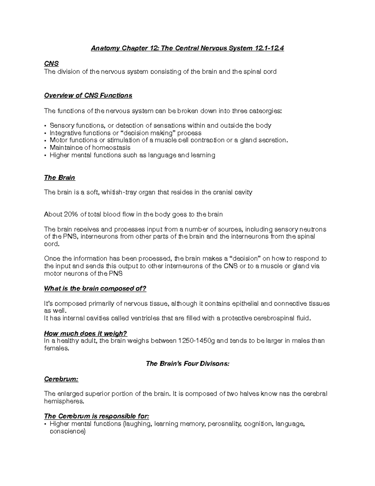 Anatomy, The CNS PDF - Anatomy Chapter 12: The Central Nervous System ...