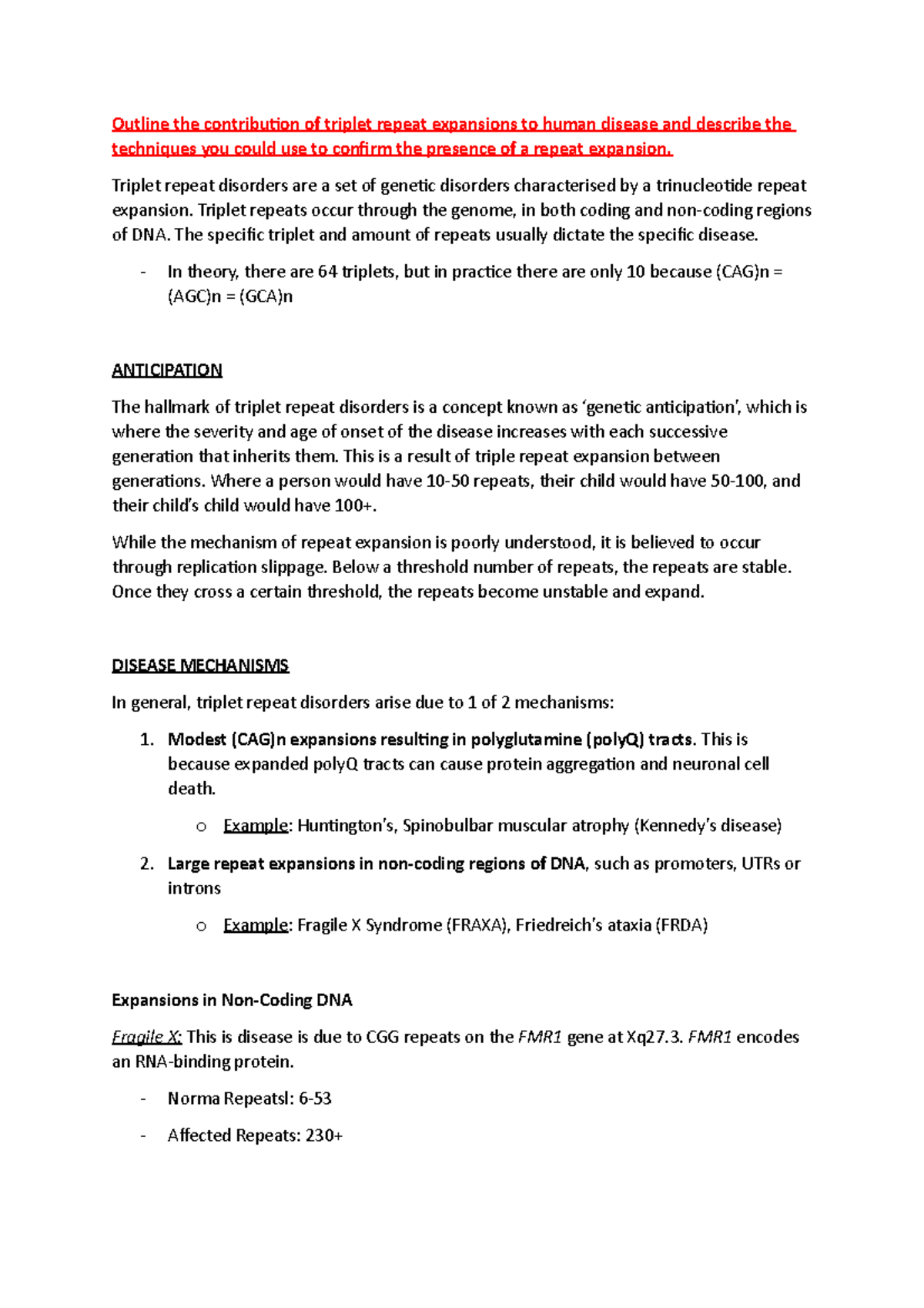 BC3007 - Trinucleotide Repeat Disorders - Outline the contribution of ...