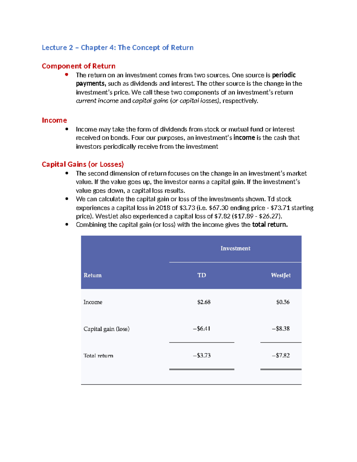 Lecture 2 - Chapter 4 and 5 - Lecture 2 – Chapter 4: The Concept of Return Component of Return ...