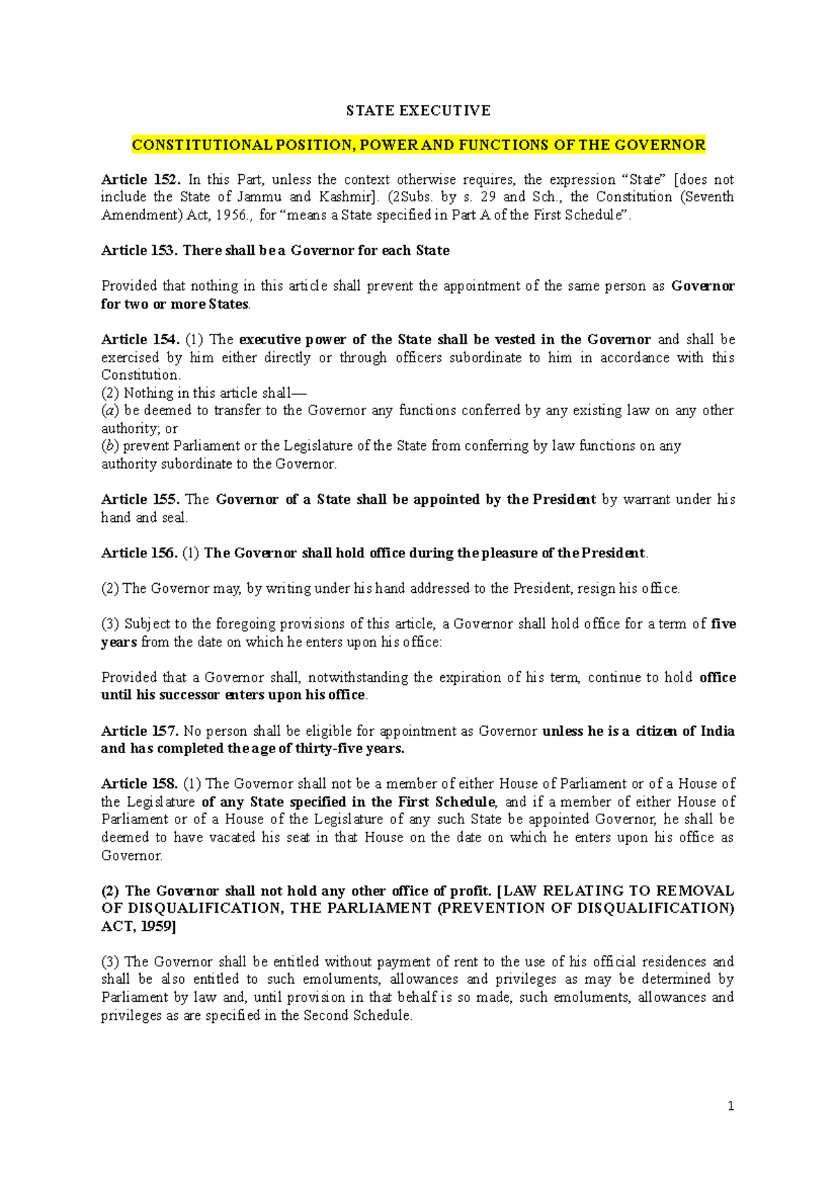 12. State Executive - NOTES - STATE EXECUTIVE CONSTITUTIONAL POSITION ...