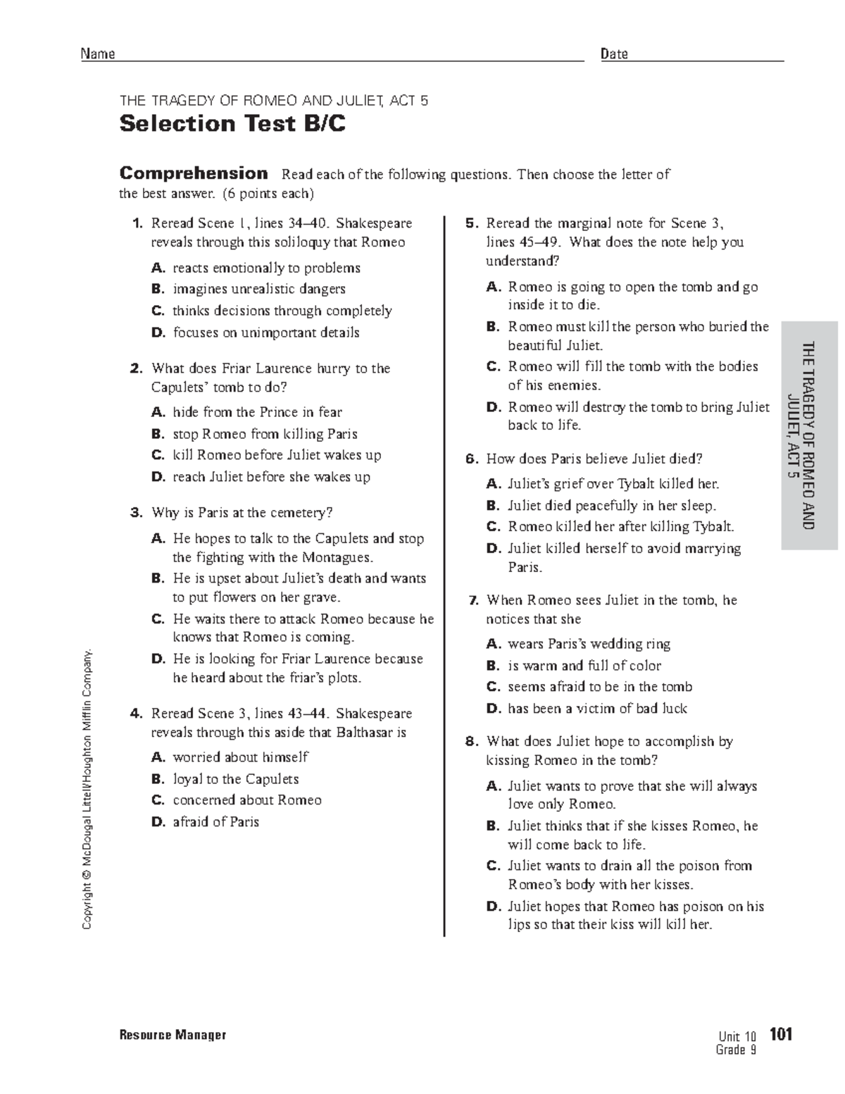 Act 5 Selection Test - Name Date THE TRAGEDY OF ROMEO AND JULIET, ACT 5 ...