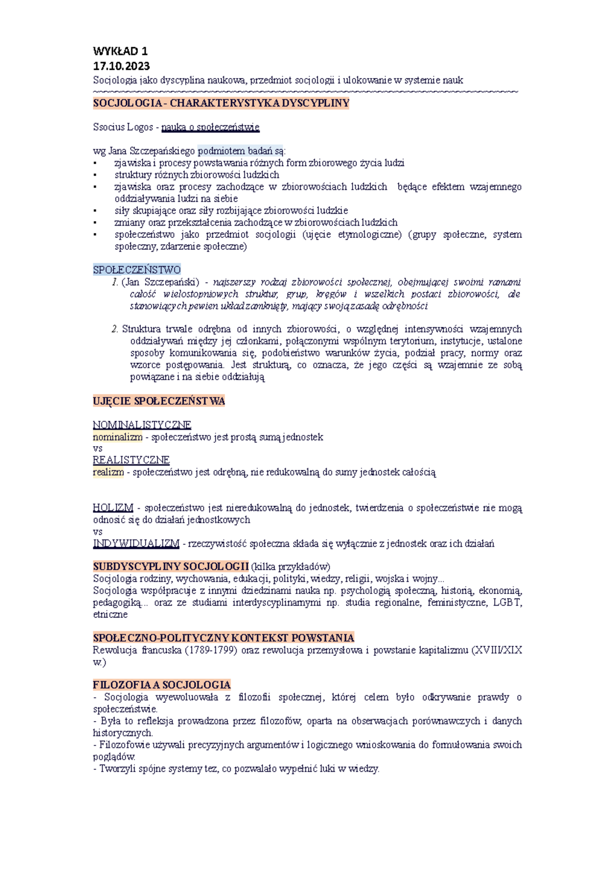 Wykład - Socjologia ogólna wykład 1 - WYKŁAD 1 17. Socjologia jako dyscyplina naukowa, przedmiot ...