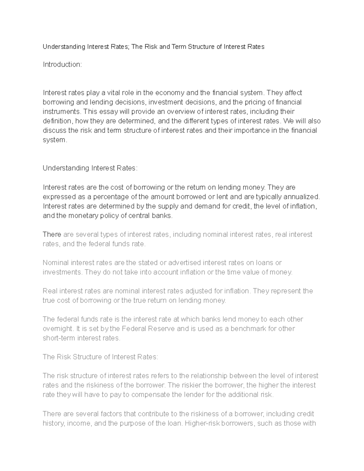 Understanding Interest Rates; The Risk and Term Structure of Interest ...