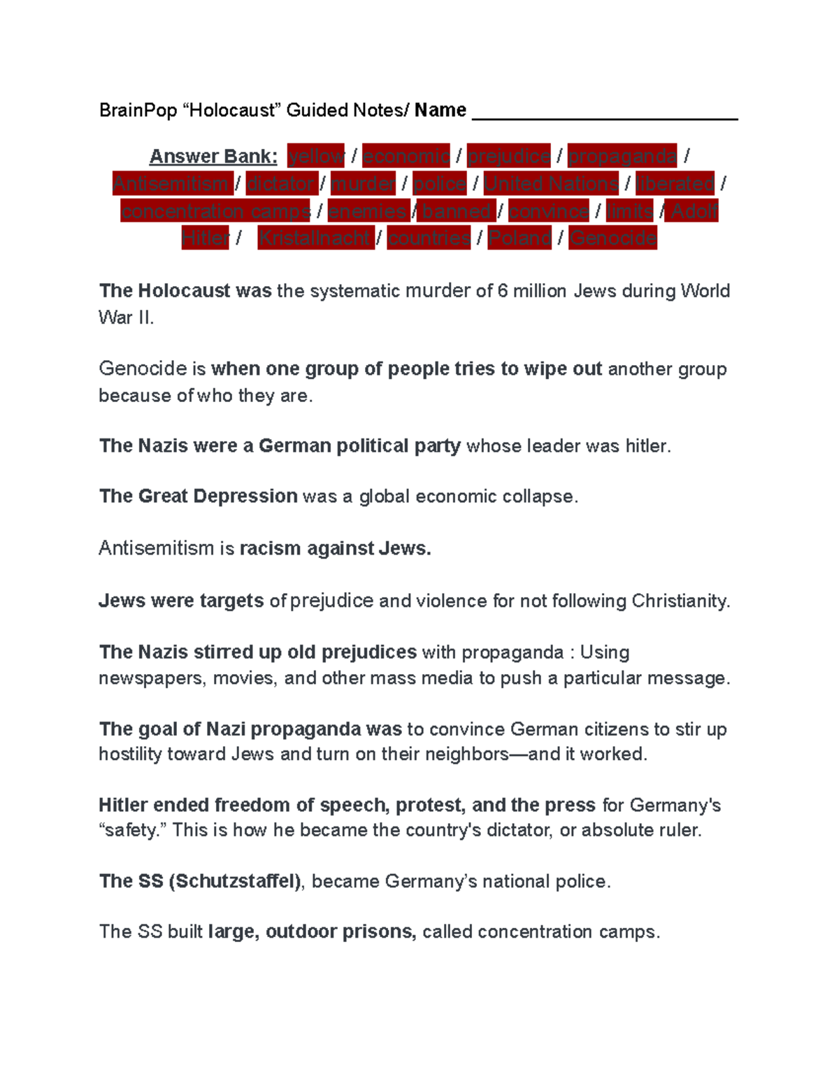 Copy of Brain Pop “Holocaust” Guided Notes - BrainPop “Holocaust ...