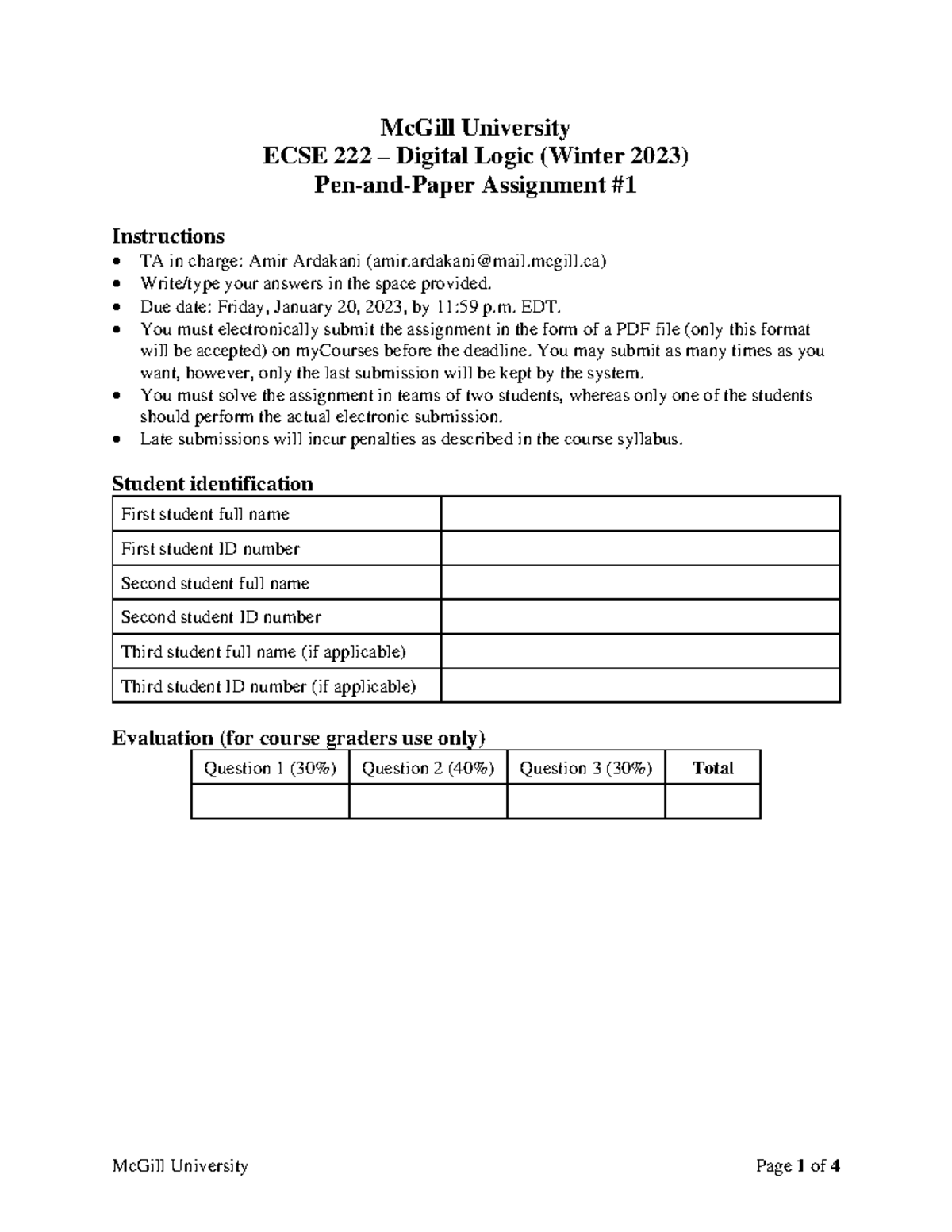 PP1 - W2023 - ... - McGill University ECSE 222 – Digital Logic (Winter ...