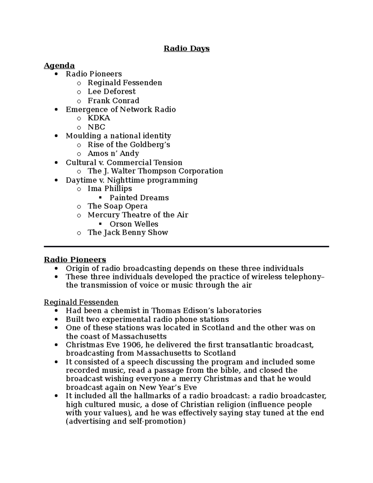 Radio Days - HISTORY 2132 - Radio Days Agenda Radio Pioneers o Reginald ...
