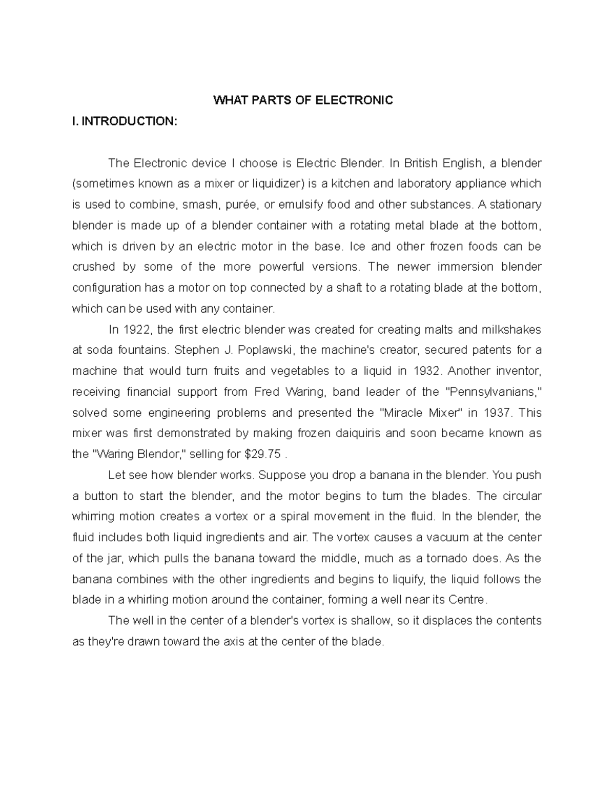 Electronic - WHAT PARTS OF ELECTRONIC I. INTRODUCTION: The Electronic ...