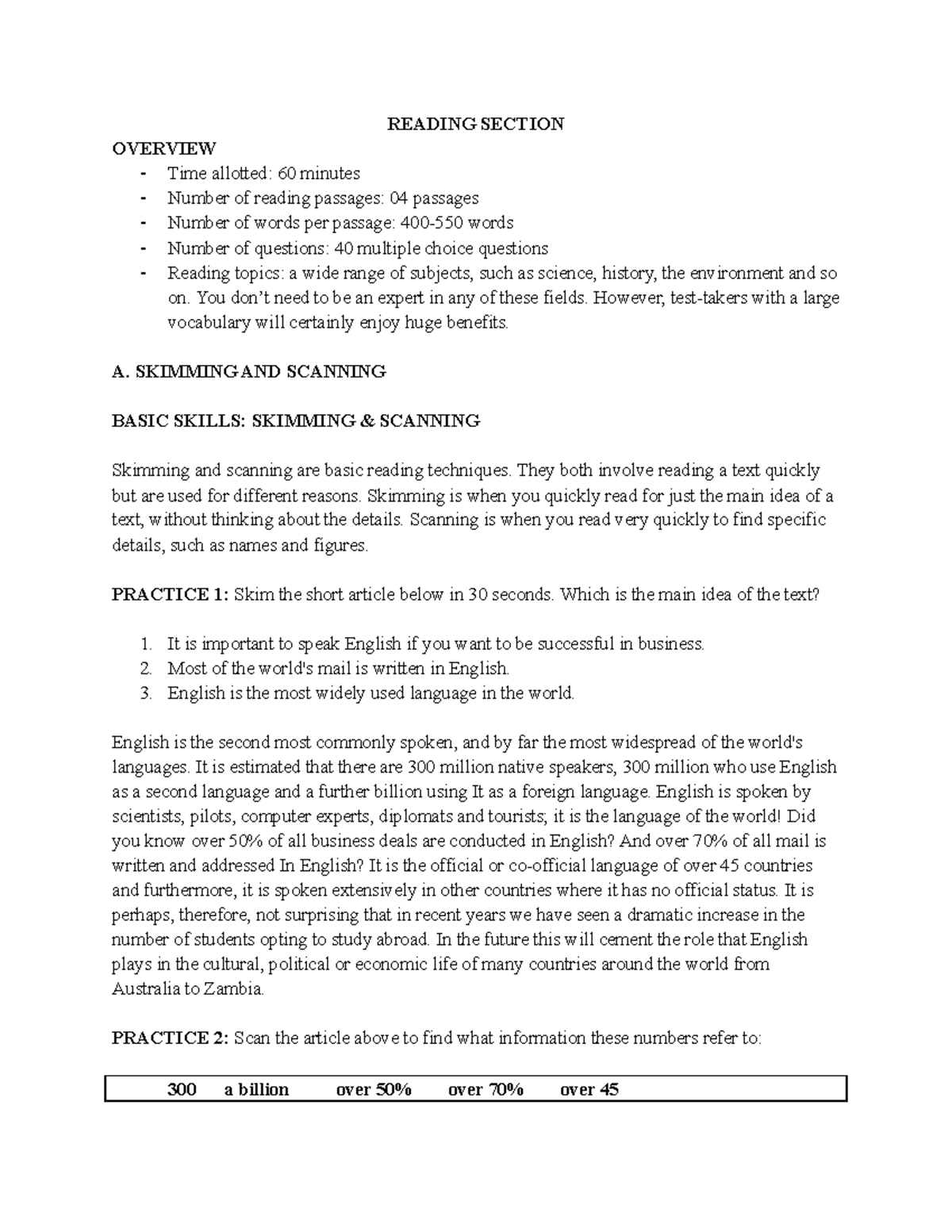 Reading-student - Pratice english - READING SECTION OVERVIEW Time ...