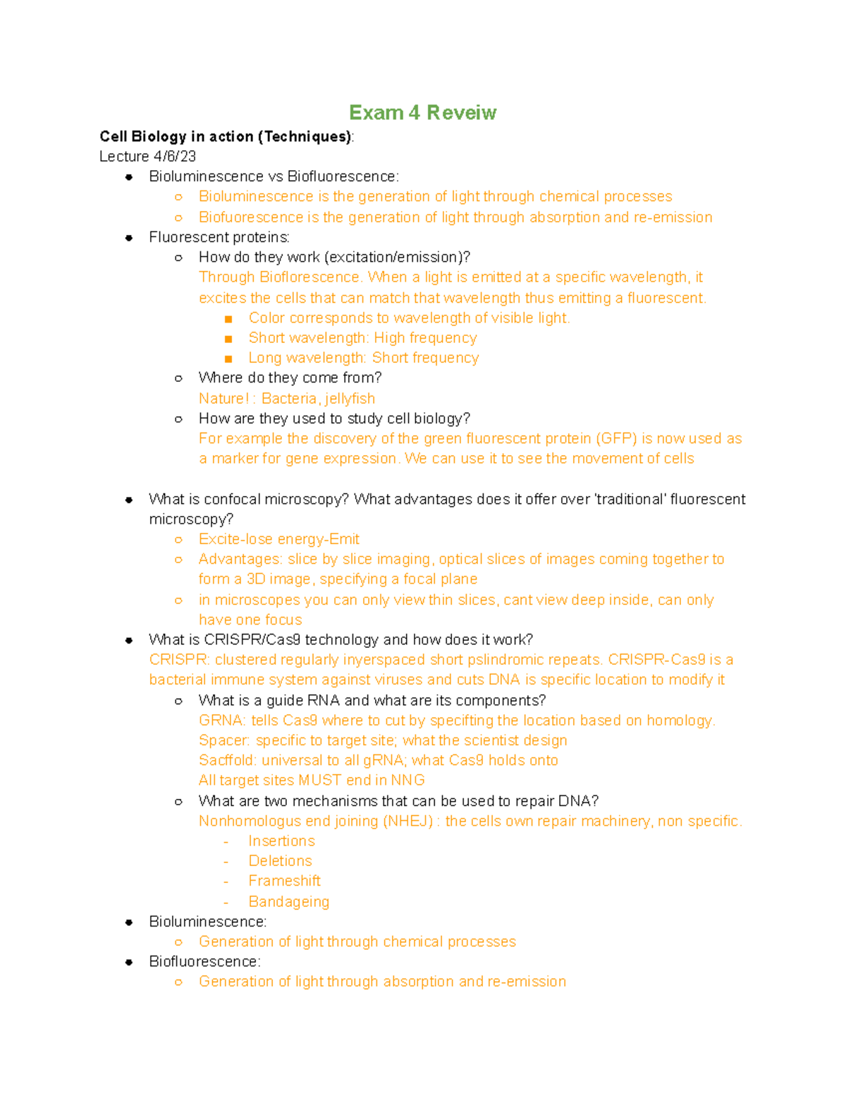 Bios 222 Exam 4 Prep - Lecture learning objectives - Exam 4 Reveiw Cell Biology in action - Studocu