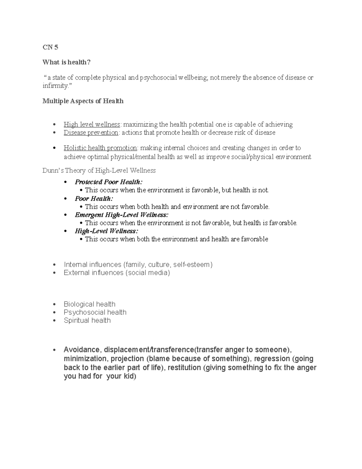 CN 5 - Nursing Study guide - CN 5 What is health? “a state of complete ...
