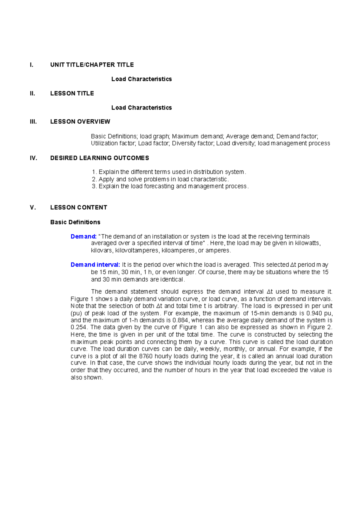 Chapter II - 2. Load Characteristics - I. UNIT TITLE/CHAPTER TITLE Load ...