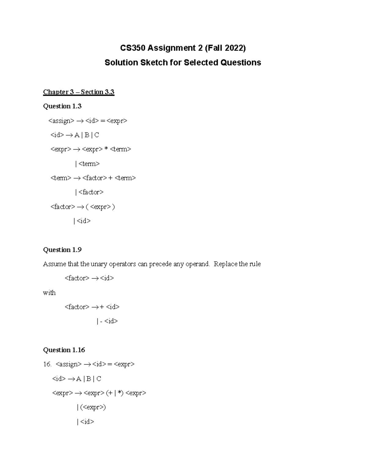 Assignment 2 Solutions Sketch - CS350 Assignment 2 (Fall 2022) Solution Sketch for Selected ...