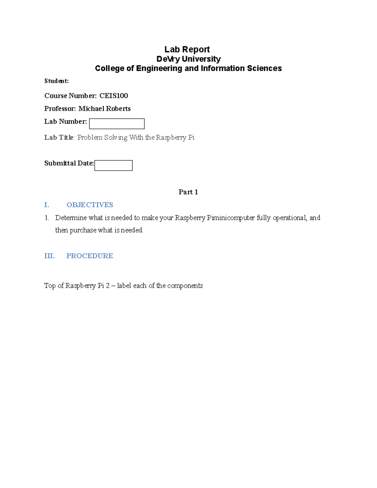 Lab01 - Problem Solving with the Raspberry Pi - Lab Report DeVry ...