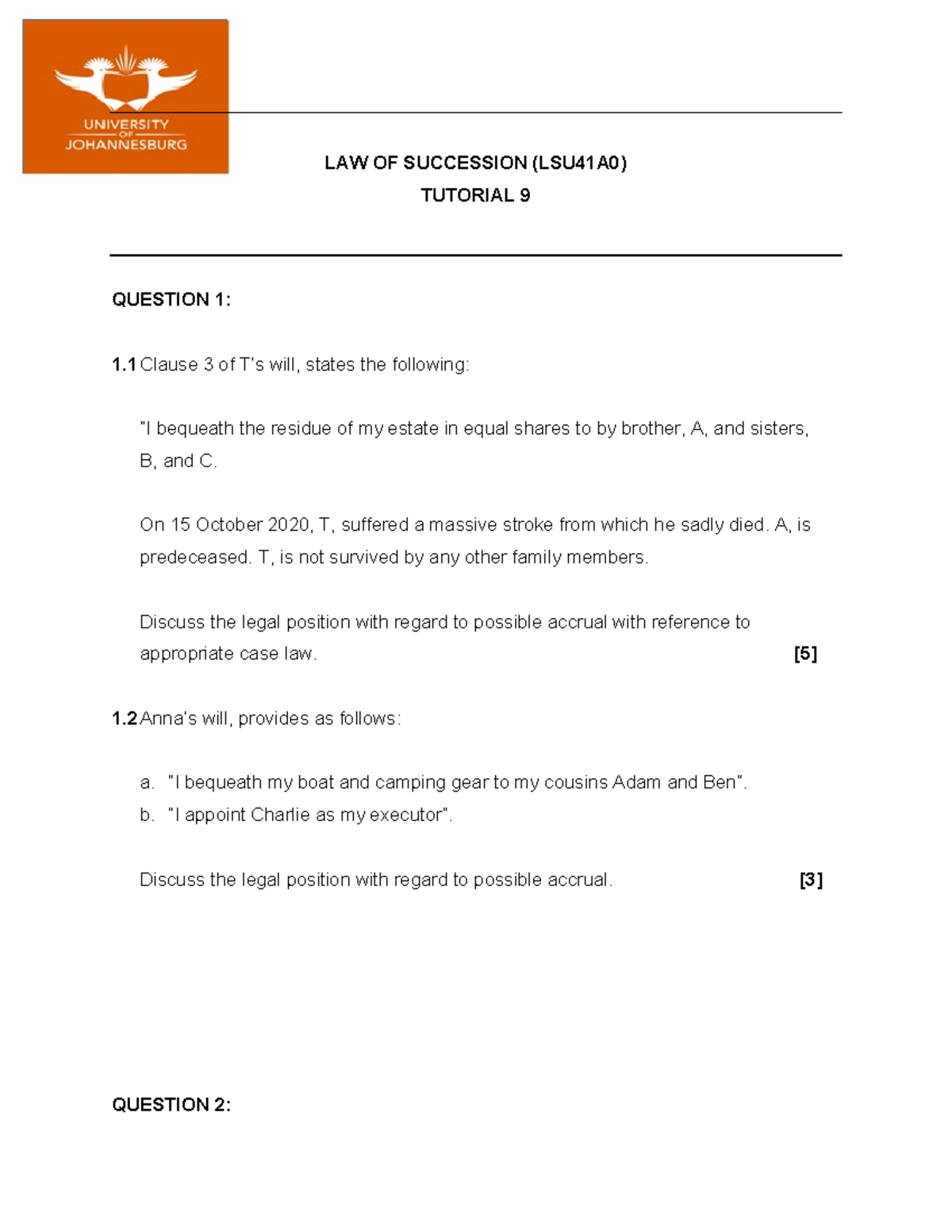 Tutorial 9 Succession - GOOD - LAW OF SUCCESSION (LSU41A0) TUTORIAL 9 ...