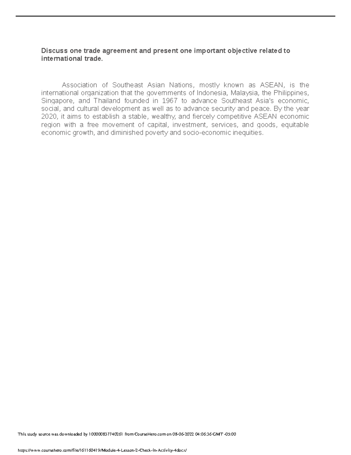 Module 4 Lesson 2 Check in Activity 4 - Discuss one trade agreement and ...