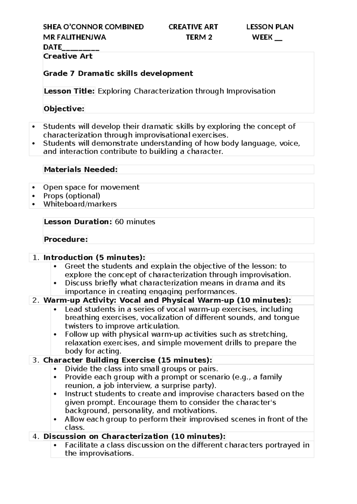 CA Lesson PLAN T2 - good work - MR FALITHENJWA TERM 2 WEEK __ DATE ...