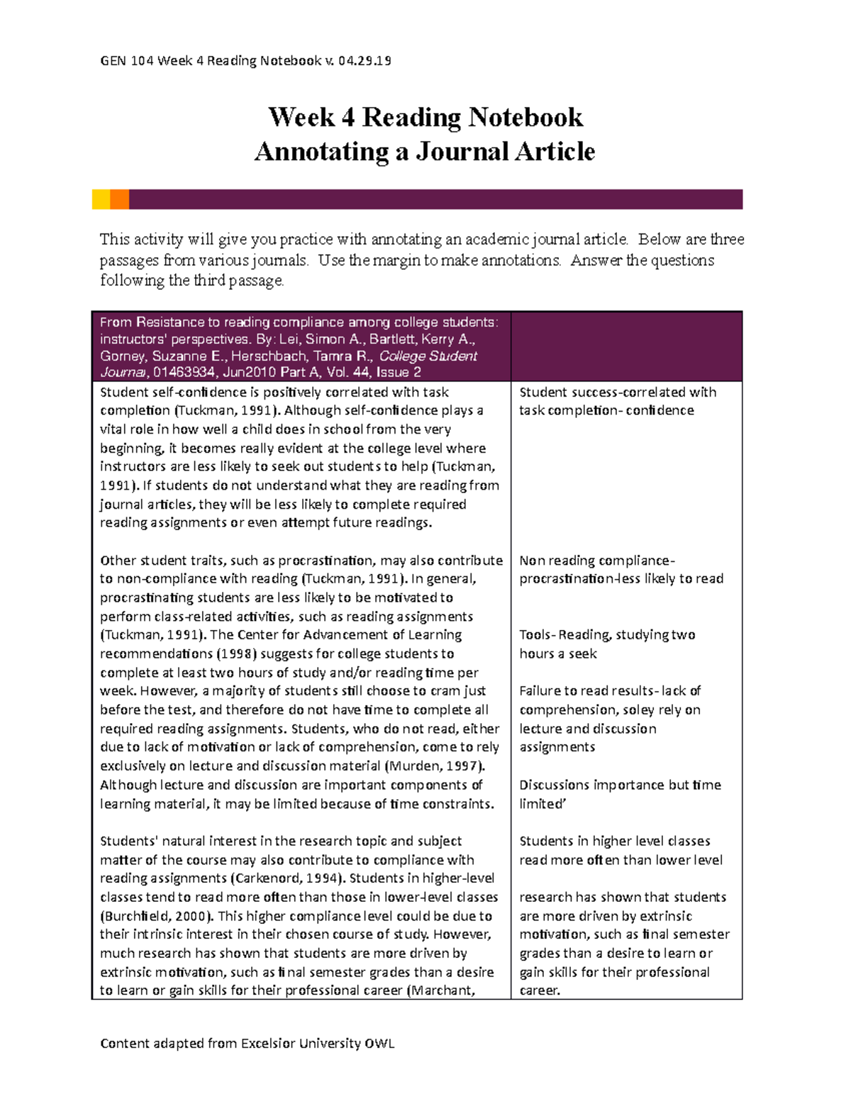 Week 4 Reading Notebook (2) - Week 4 Reading Notebook Annotating a Journal Article This activity ...