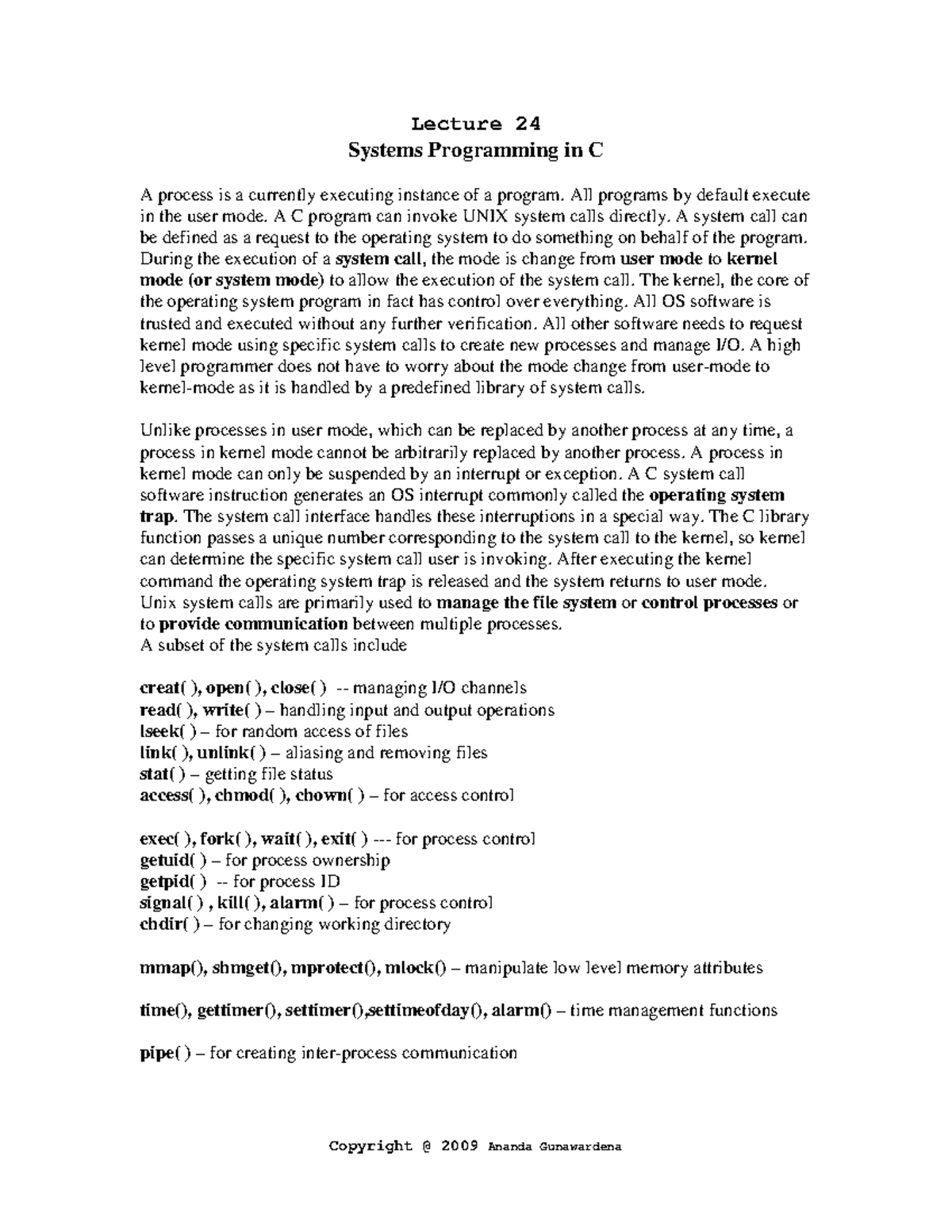 System Calls(OS) - Lecture notes 1 - Lecture 24 Systems Programming in ...