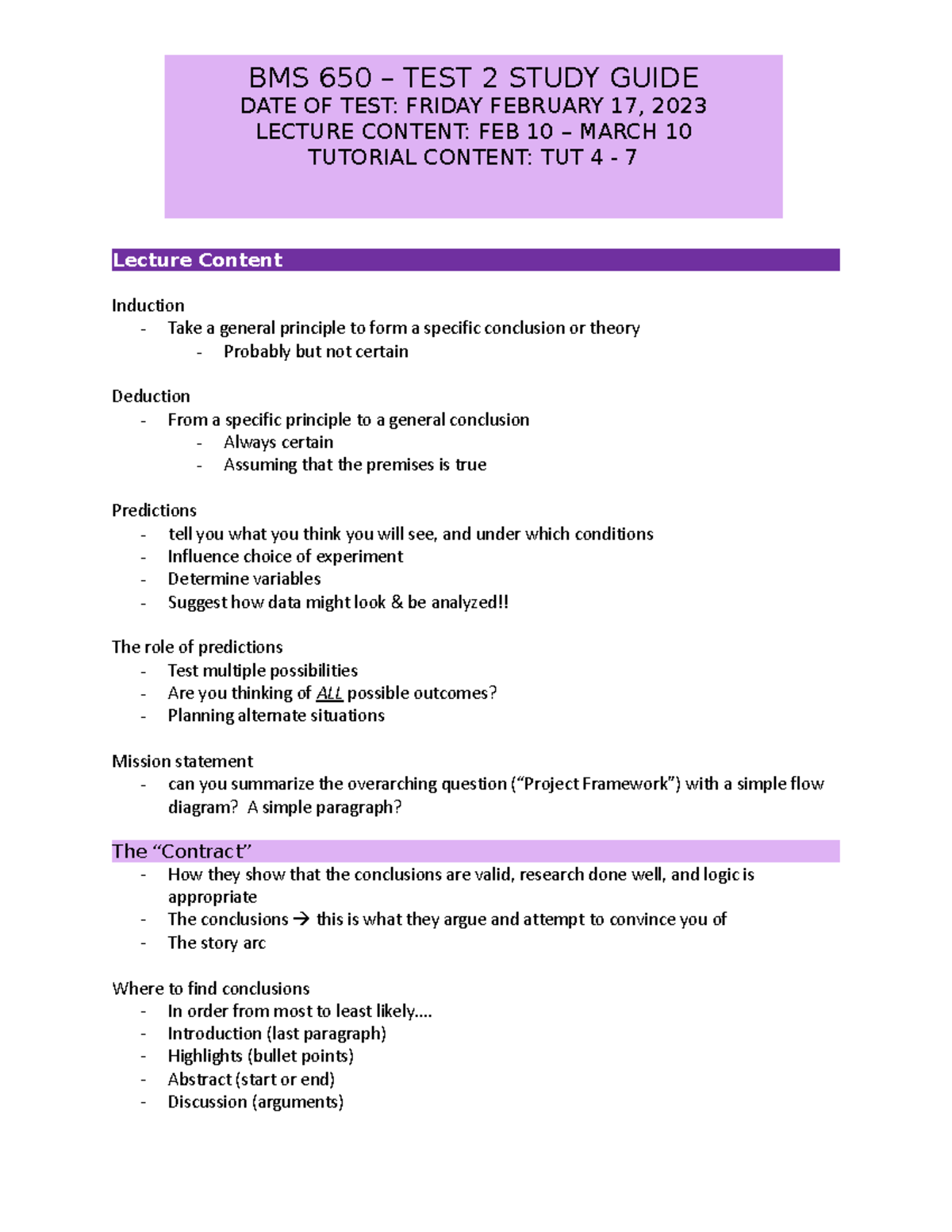 BMS 650 - Test 2 Study Guide - Lecture Content Induction - Take a ...