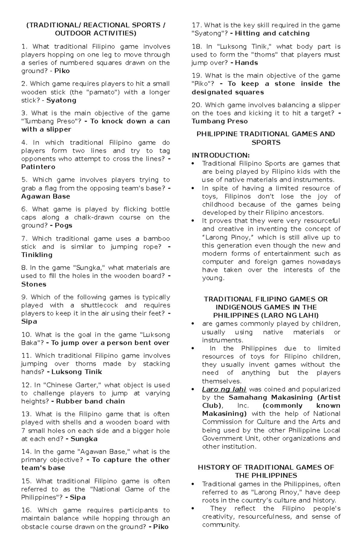 Pathfit prelim - (TRADITIONAL/ REACTIONAL SPORTS / OUTDOOR ACTIVITIES ...