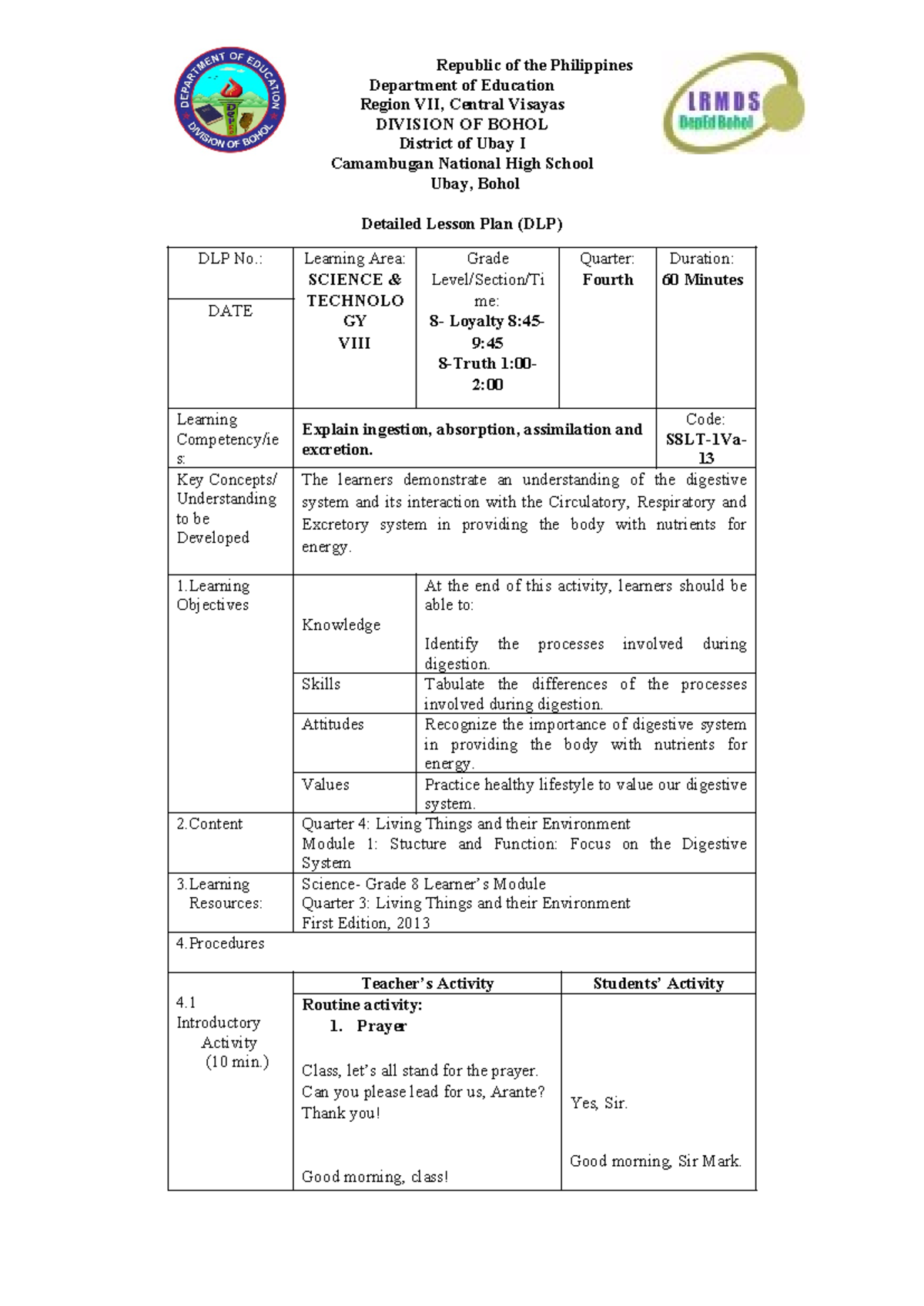 Final DLP Sience 8 Q4 W1 D1 - Department of Education Region VII ...