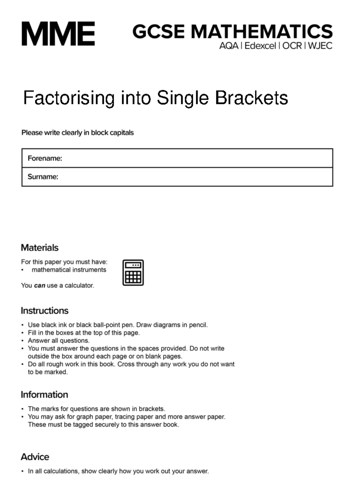 Factorising-Questions-MME - Factorising into Single Brackets 1 ...