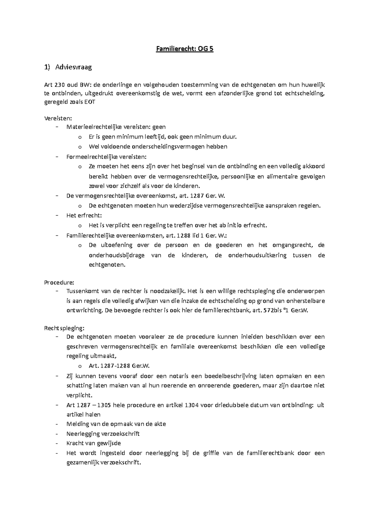 Familierecht OG 5 - og 5 - Familierecht: OG 5 1) Adviesvraag Art 230 ...