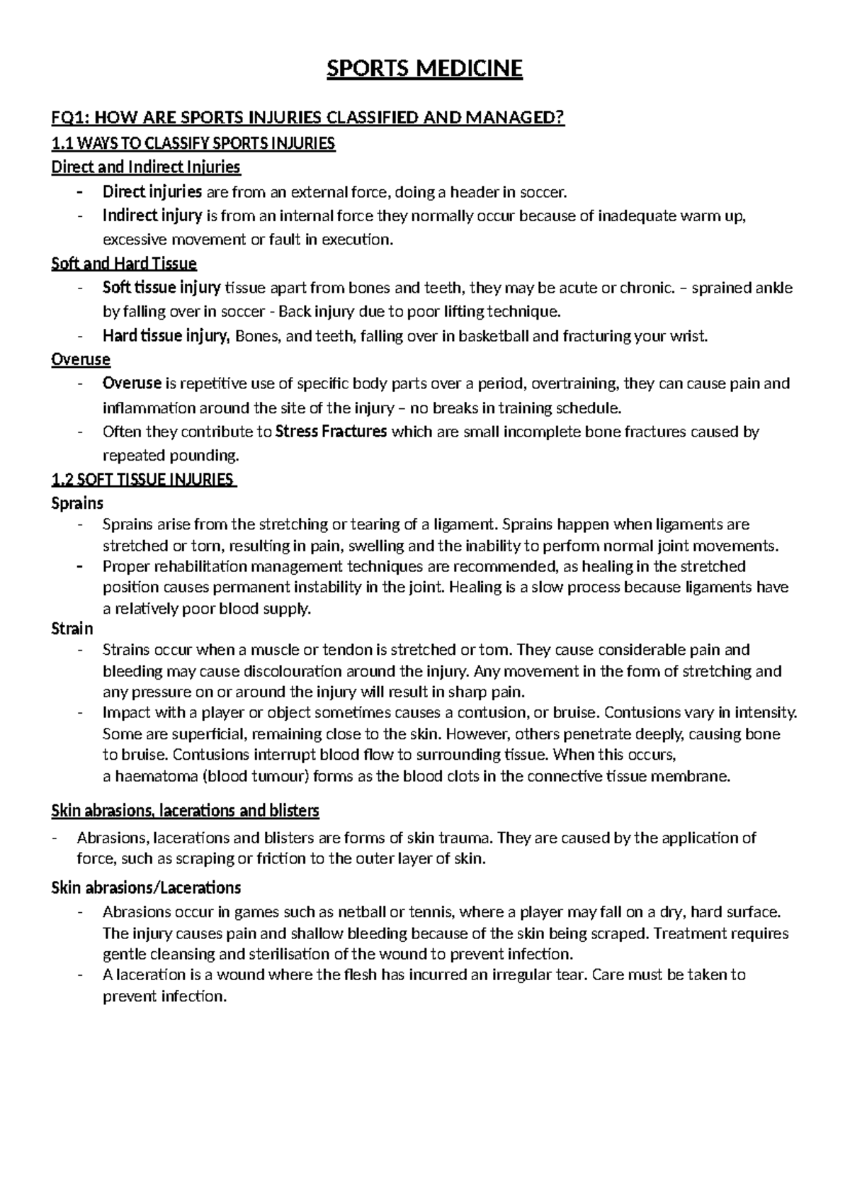 Sports Medicine Notes - SPORTS MEDICINE FQ1: HOW ARE SPORTS INJURIES ...