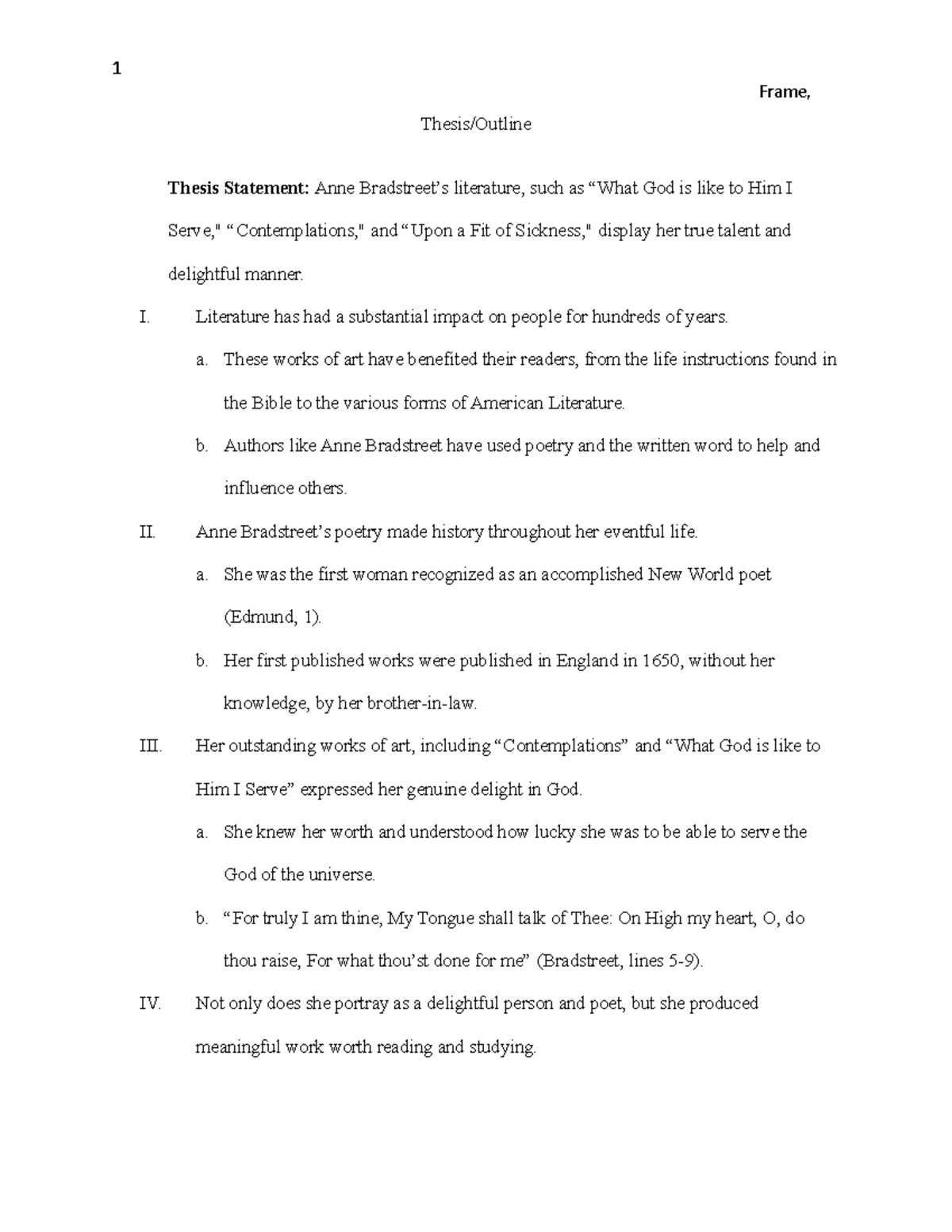 The Delightful Words of Anne Bradstret - Frame, Thesis/Outline Thesis ...