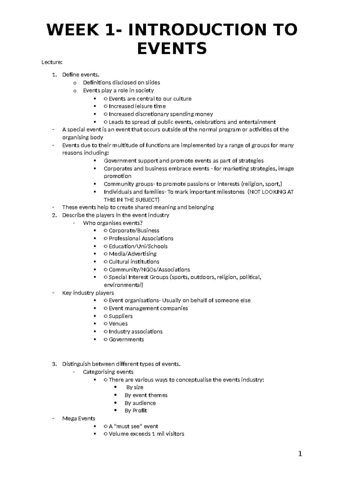 WEEK 1- Introduction TO Events - WEEK 1- INTRODUCTION TO EVENTS Lecture: 1. Define events. o ...