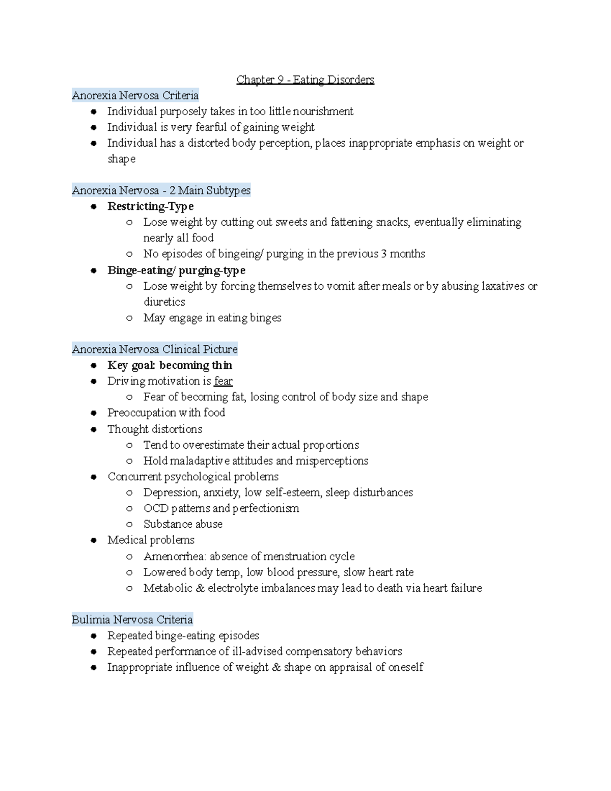 Chapter 9 - Eating Disorders - Chapter 9 - Eating Disorders Anorexia ...