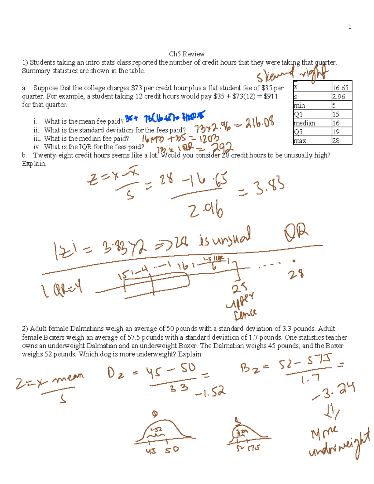 Ch05 The Normal Model Worksheet - 1 Ch5 Review Students taking an intro ...