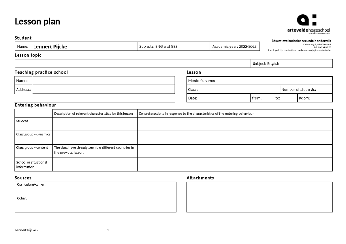 Template Lesson Plan 23 - Lesson plan Student Name: Lennert Pijcke ...