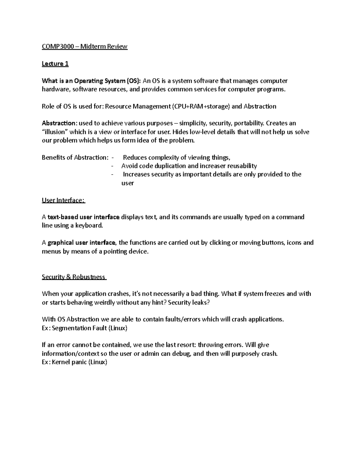 COMP3000 Midterm Review - COMP3000 – Midterm Review Lecture 1 What is an Operating System (OS ...