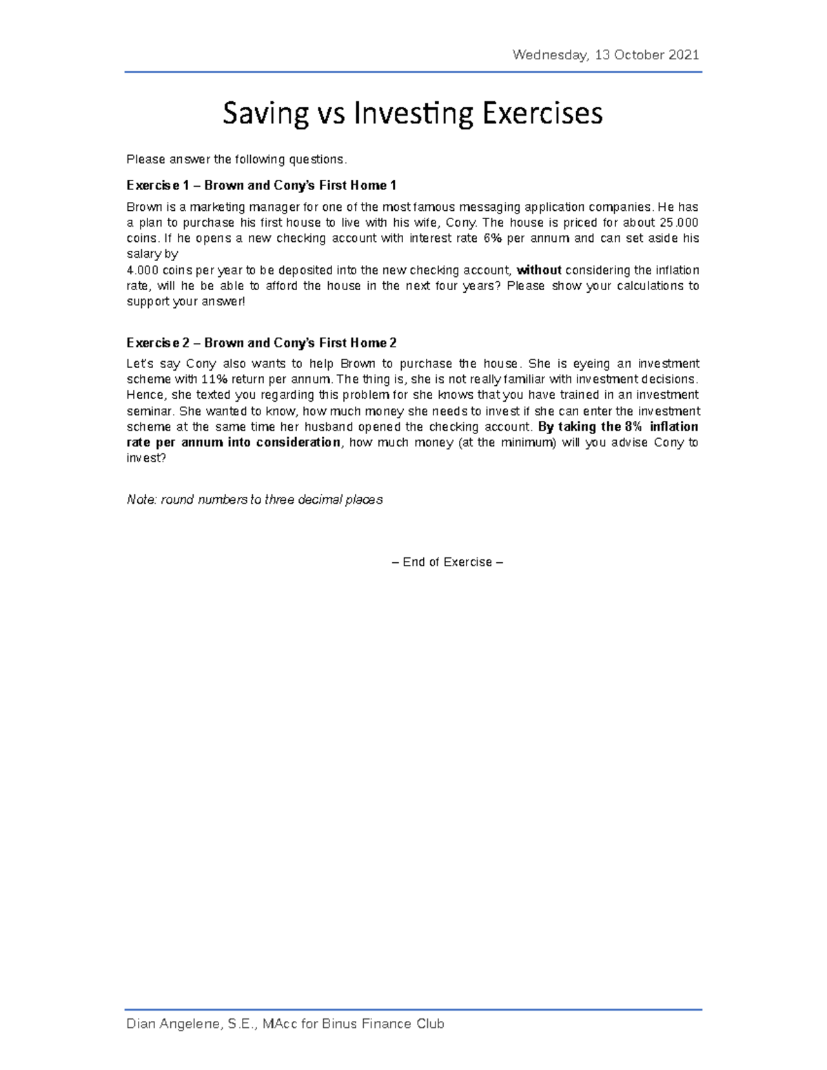 Saving vs Investing Exercises - Wednesday, 13 October 2021 Saving vs ...