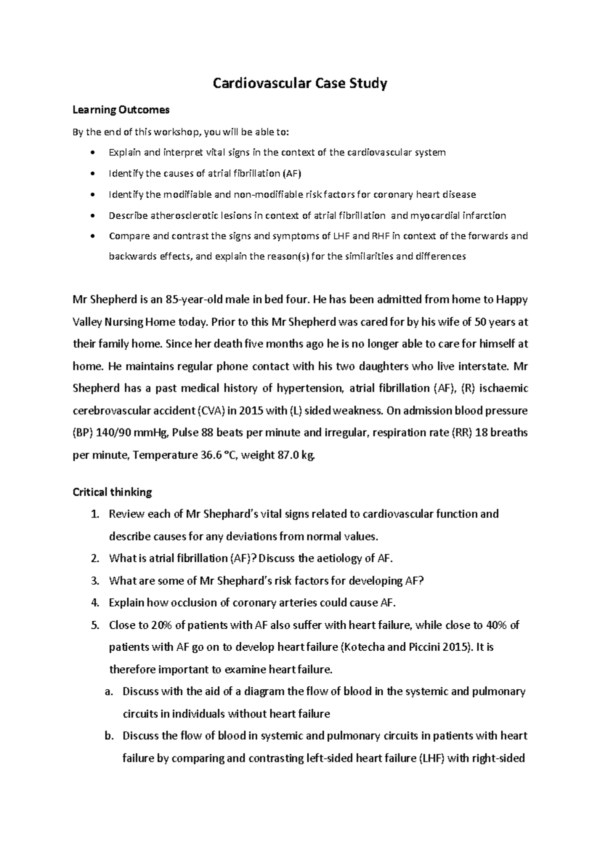 Cardiovascular casestudy - Cardiovascular Case Study Learning Outcomes ...