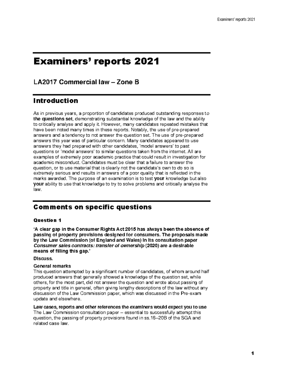 June 2021 B report - Examiners’ reports 20 21 Examiners’ reports 2021 LA 2017 Commercial law ...