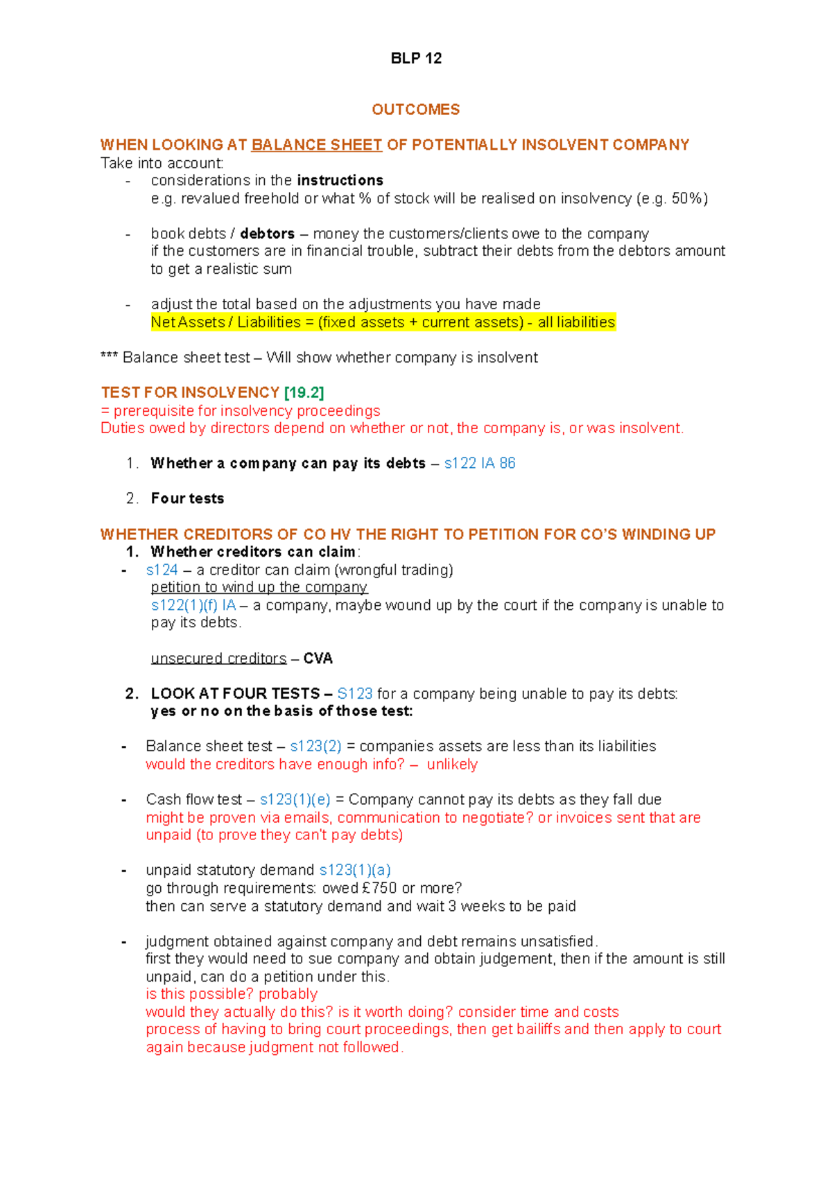 BLP WORKSHOP 12 - OUTCOMES WHEN LOOKING AT BALANCE SHEET OF POTENTIALLY INSOLVENT COMPANY Take ...