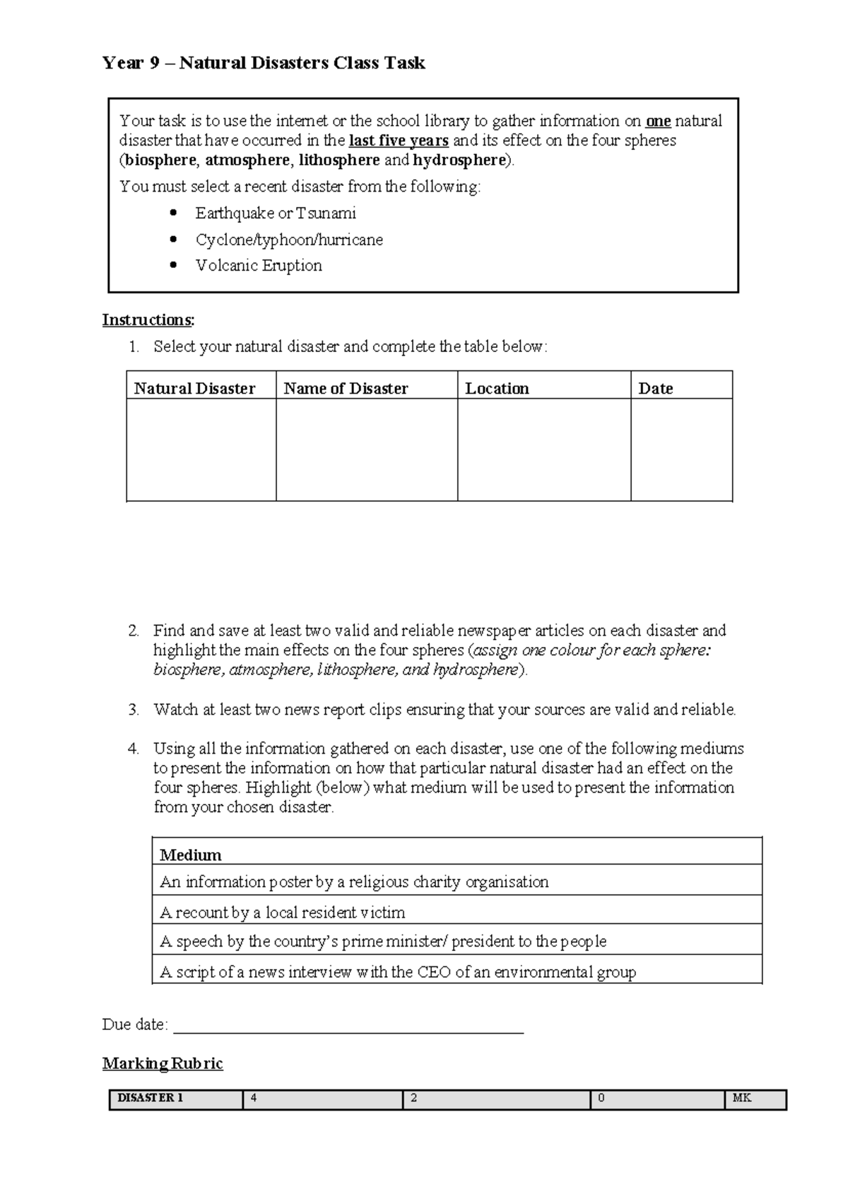 Class Task - Natural disasters and the Four Spheres - Year 9 – Natural ...