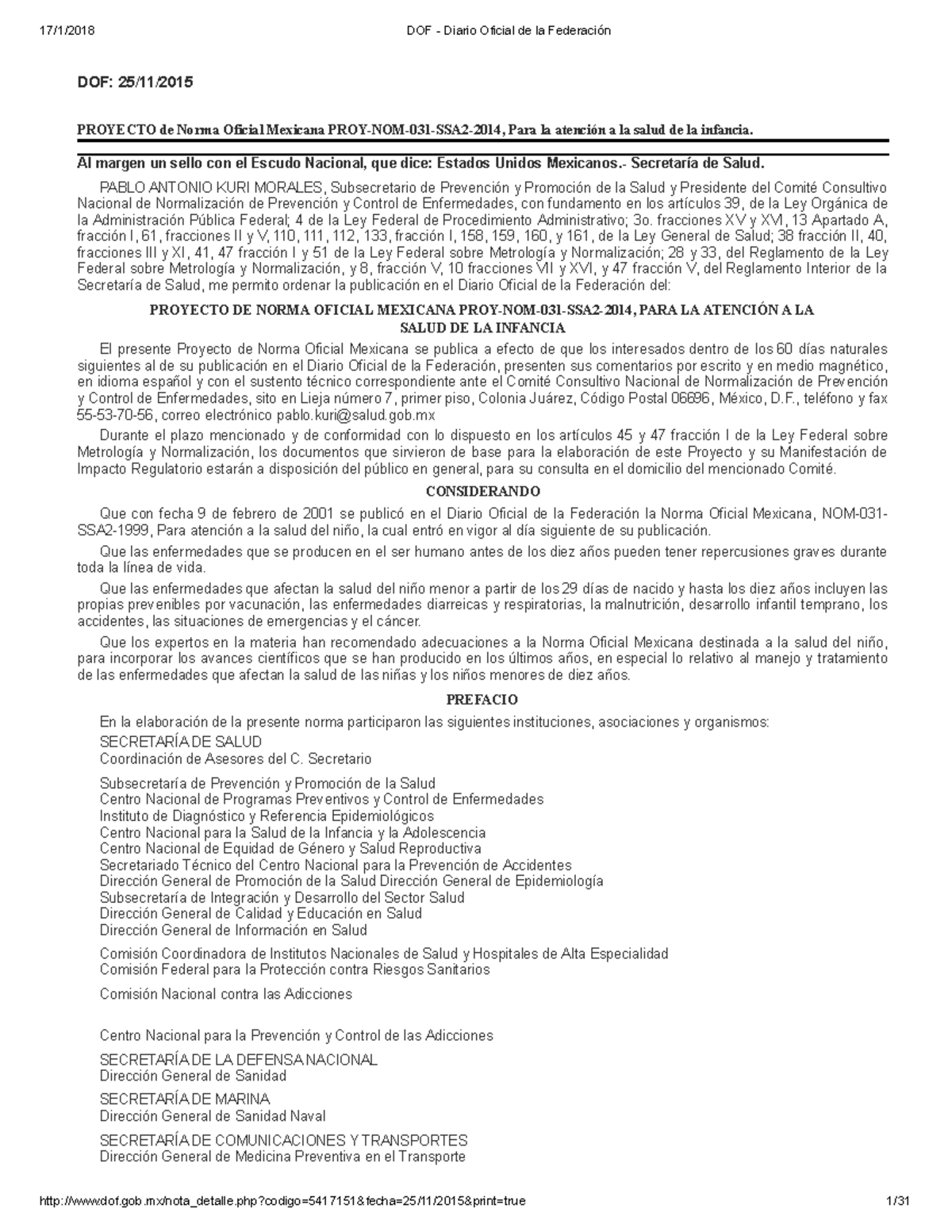 1 PROYECTO de Norma Oficial Mexicana PROY-NOM-030-SSA2