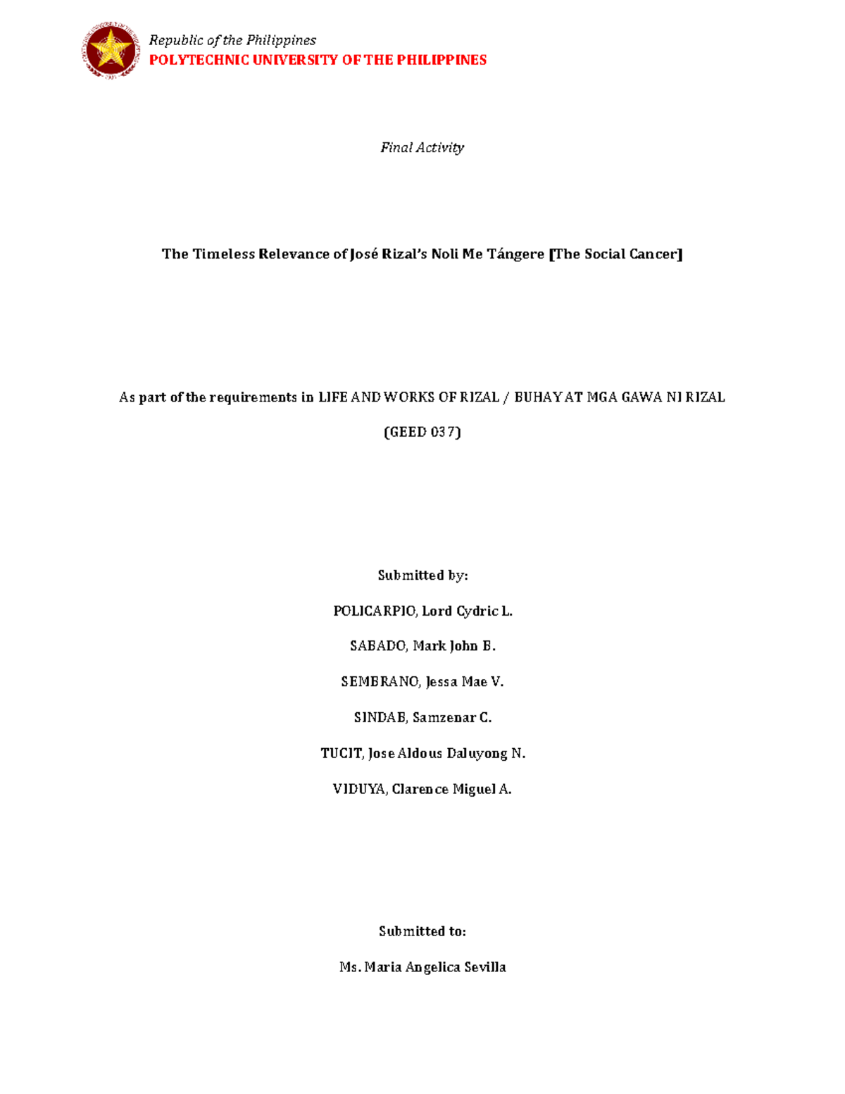 Inbound 2833360505219857335 - POLYTECHNIC UNIVERSITY OF THE PHILIPPINES Final Activity The ...
