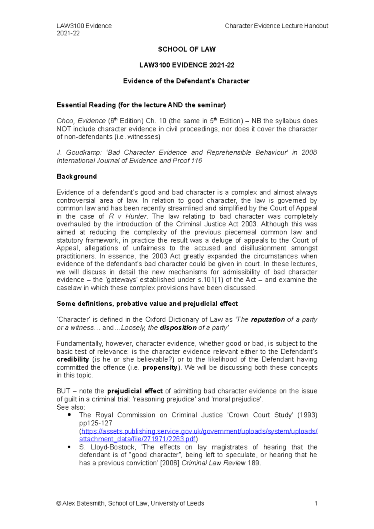 Character-Lecture Handout 2021-22 - 2021- SCHOOL OF LAW LAW3100 EVIDENCE 2021- Evidence of the ...
